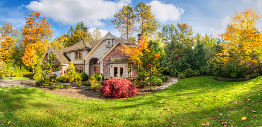 Panorama of suburban home on a sunny autumn afternoon | Northwest ...